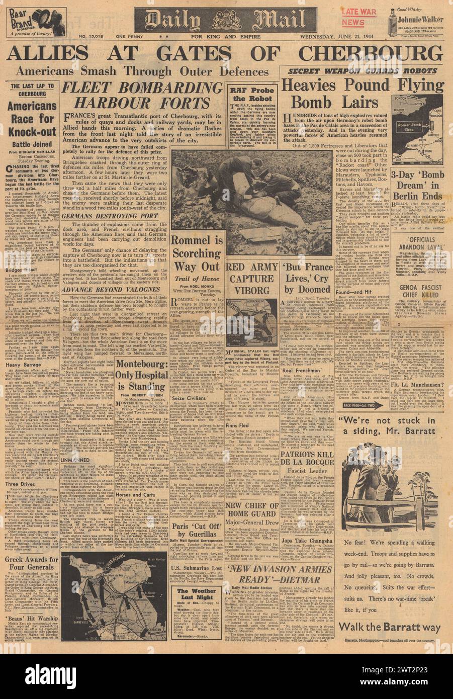 1944 Daily Mail front page reporting Allies advance on Cherbourg, Red ...