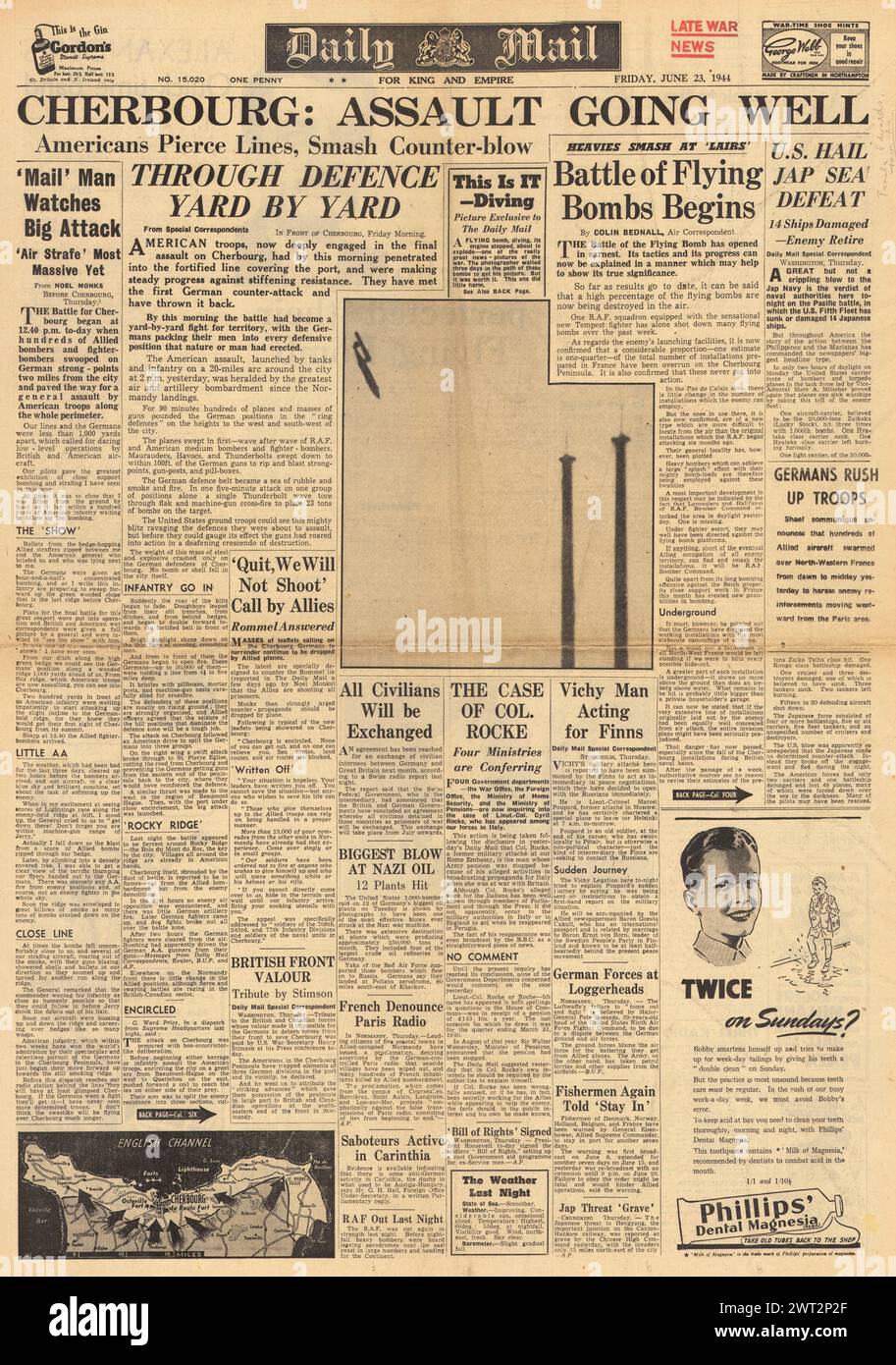 1944 Daily Mail front page reporting Battle for Cherbourg, capture of ...