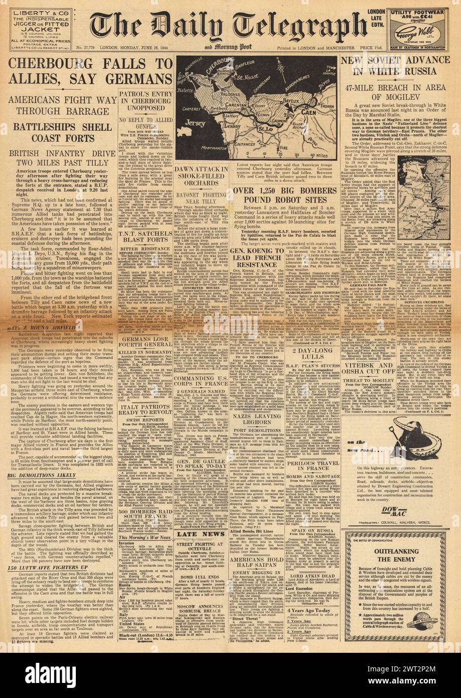 1944 The Daily Telegraph front page reporting Allies capture Cherbourg ...
