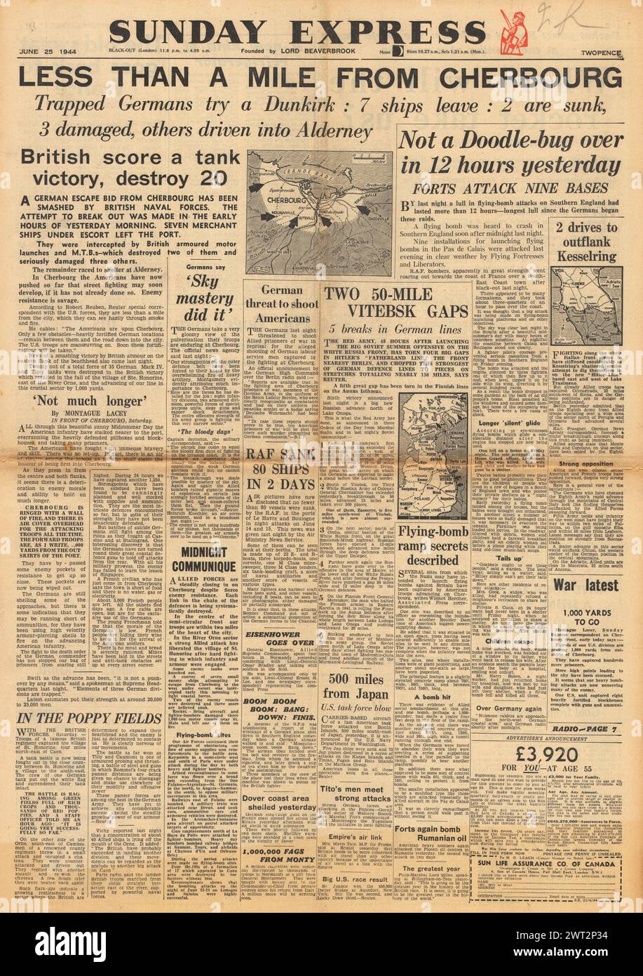 1944 Sunday Express front page reporting Battle for Cherbourg, RAF bomb ...