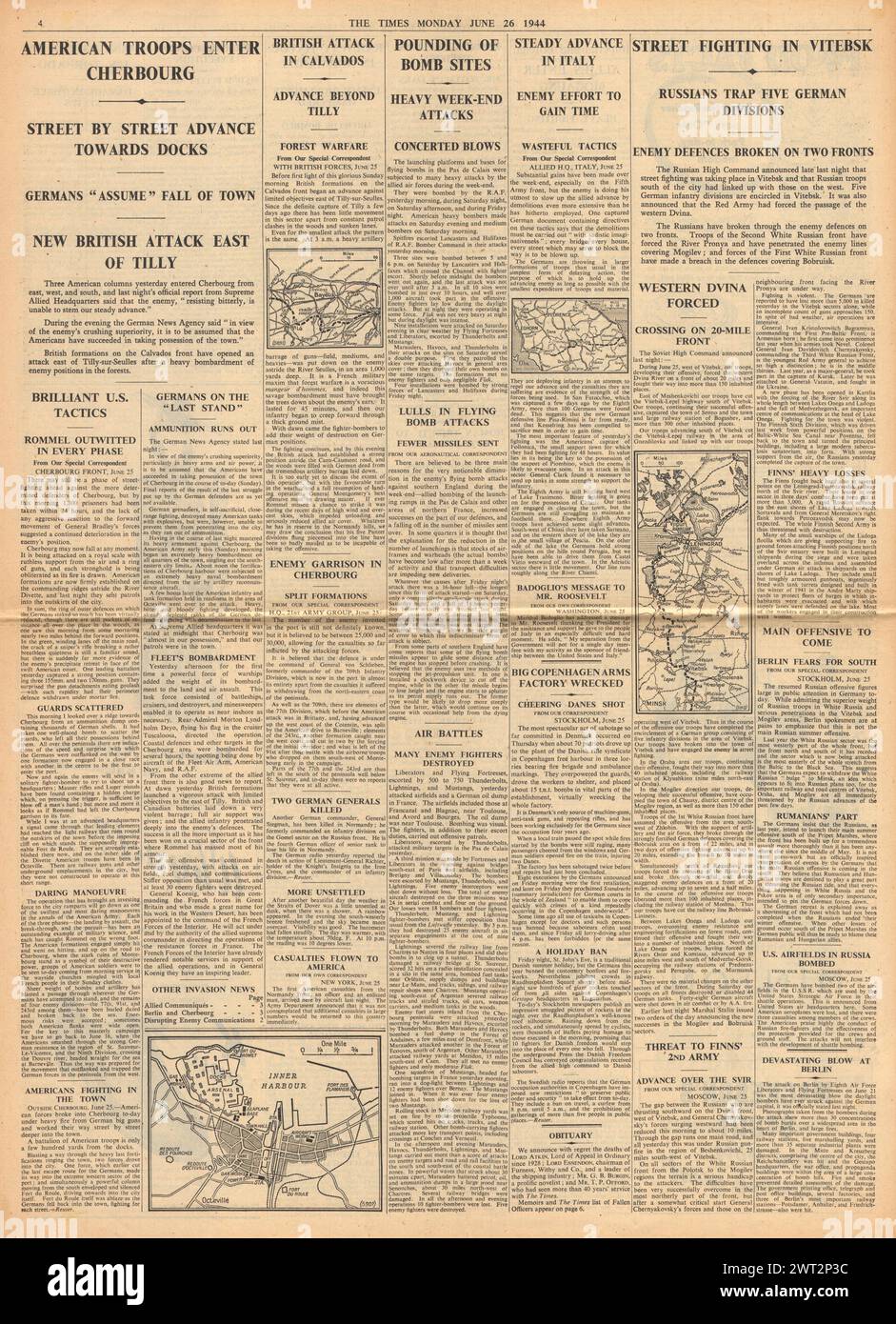 1944 The Times reporting Battle for Cherbourg, RAF bomb V1 rocket sites ...