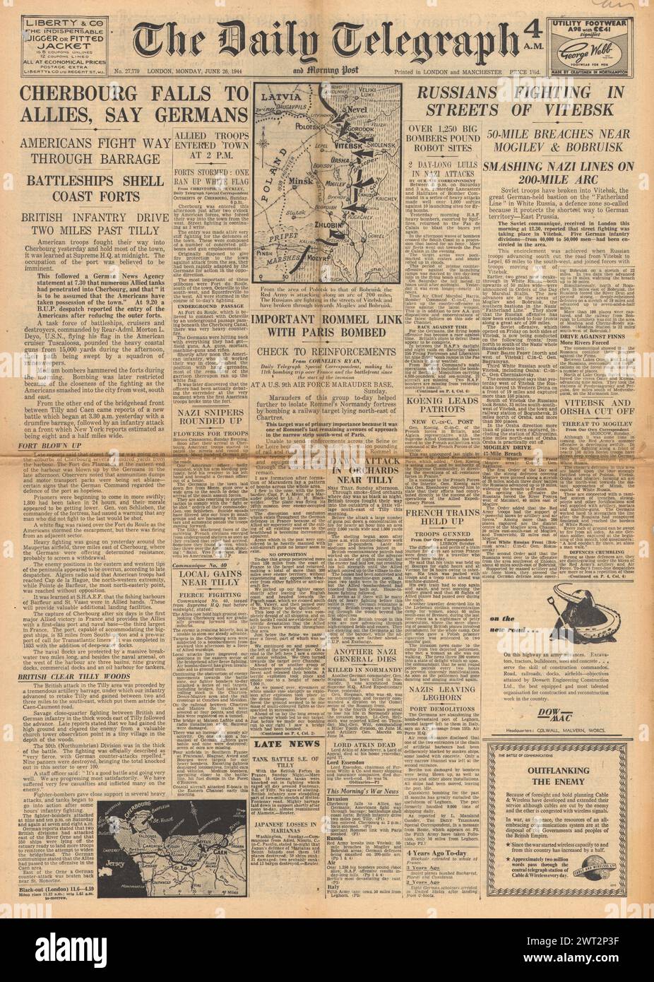1944 The Daily Telegraph front page reporting Allies capture Cherbourg ...