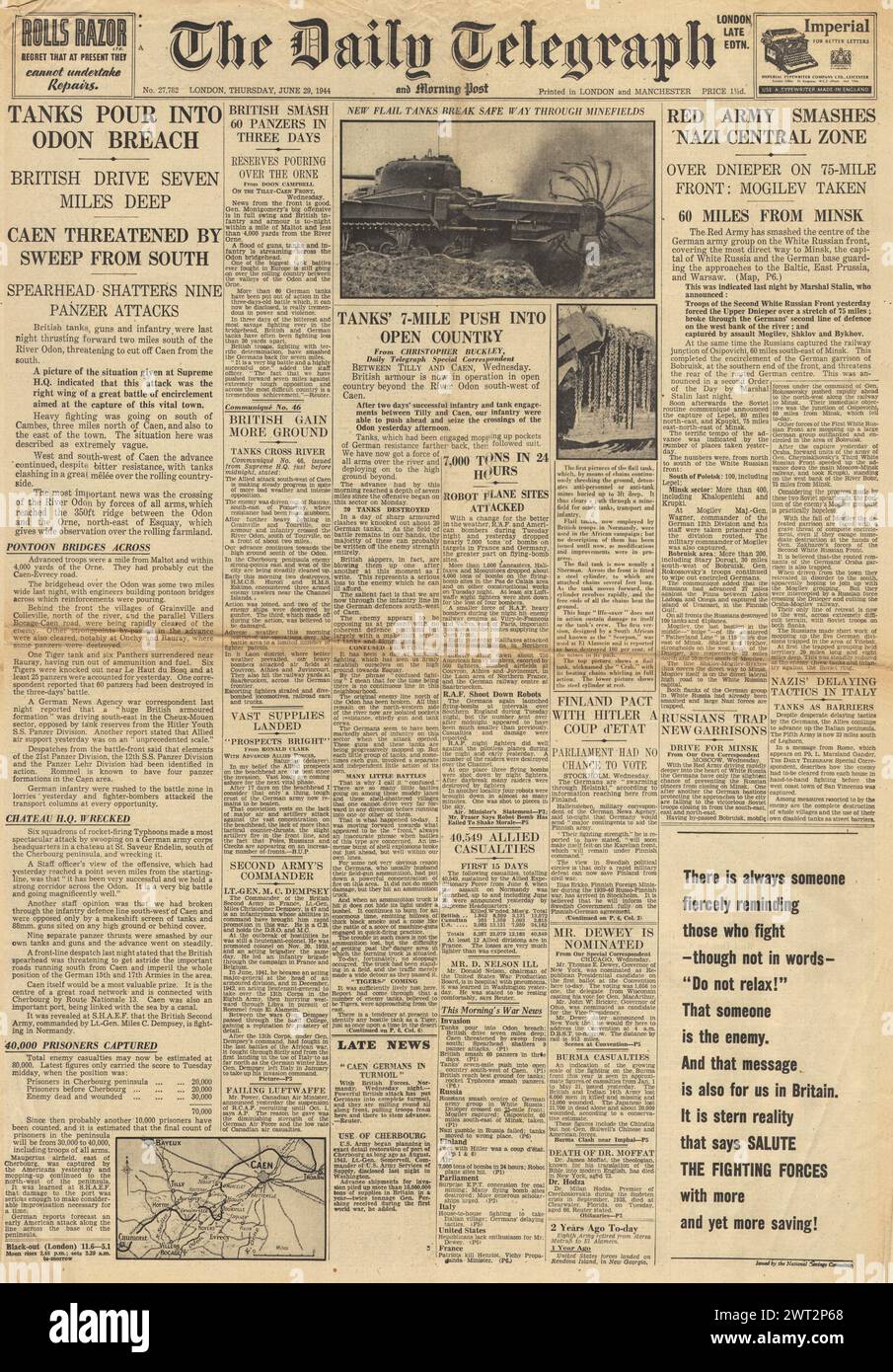 1944 The Daily Telegraph front page reporting Operation Epsom in ...