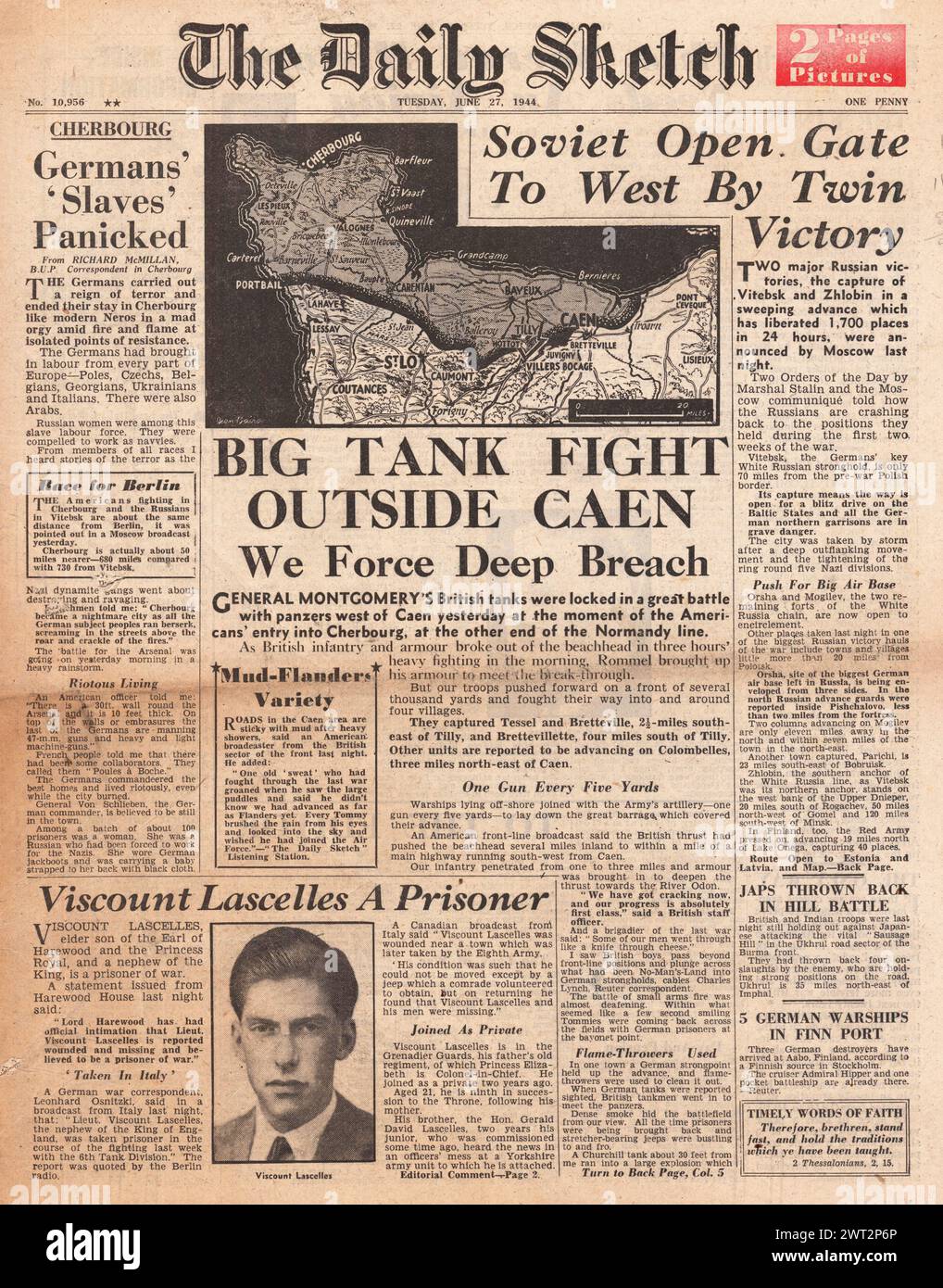 1944 The Daily Sketch front page reporting Operation Epsom in Normandy ...