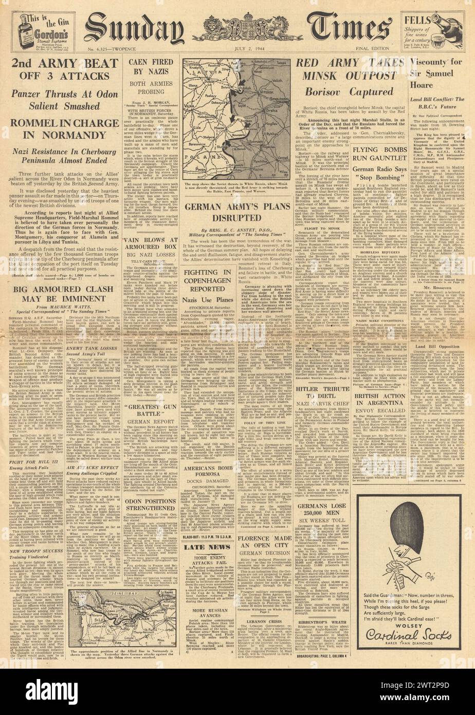 1944 Sunday Times front page reporting Red Army advance on Minsk and ...