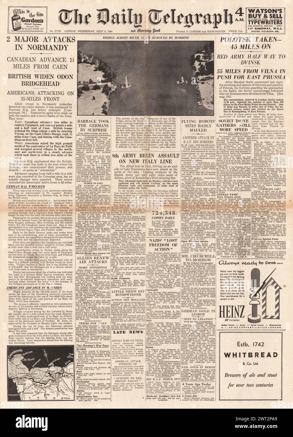 1944 The Daily Telegraph front page reporting Red Army drive into ...