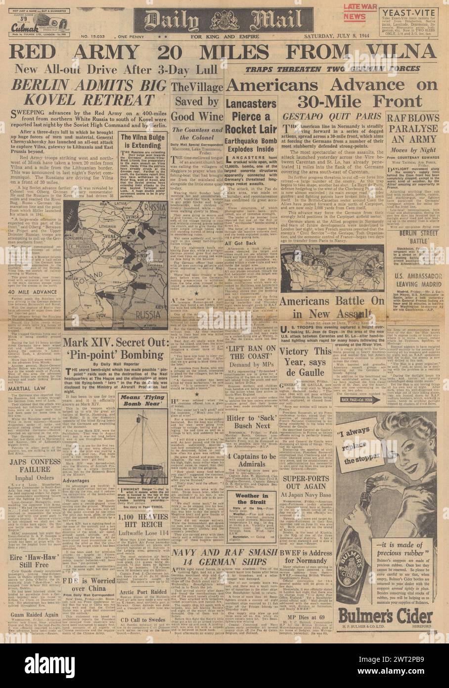 1944 Daily Mail front page reporting Red Army advance on Vilna, US Army ...