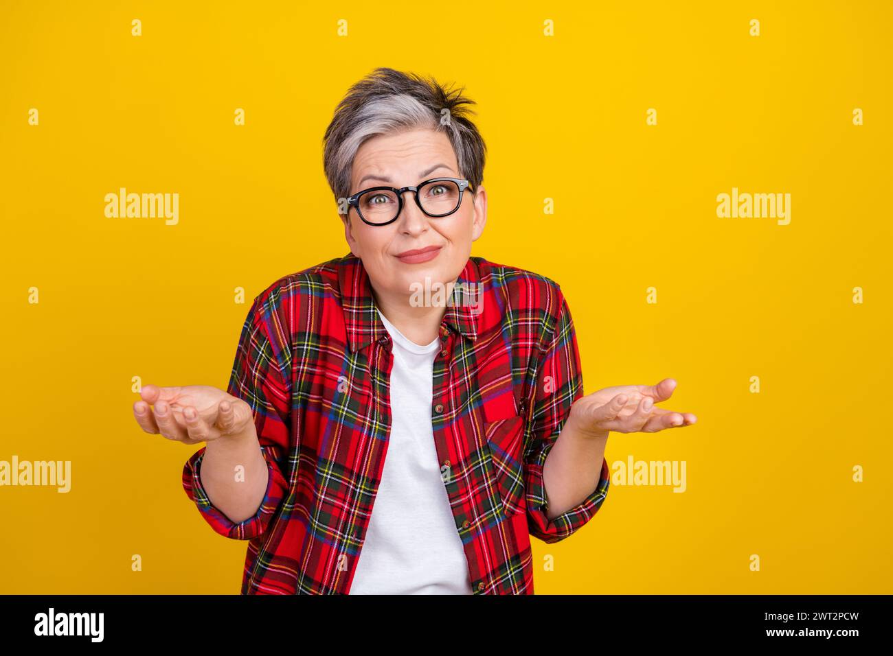 Portrait of clueless aged person raise arms shrug shoulders empty space ...