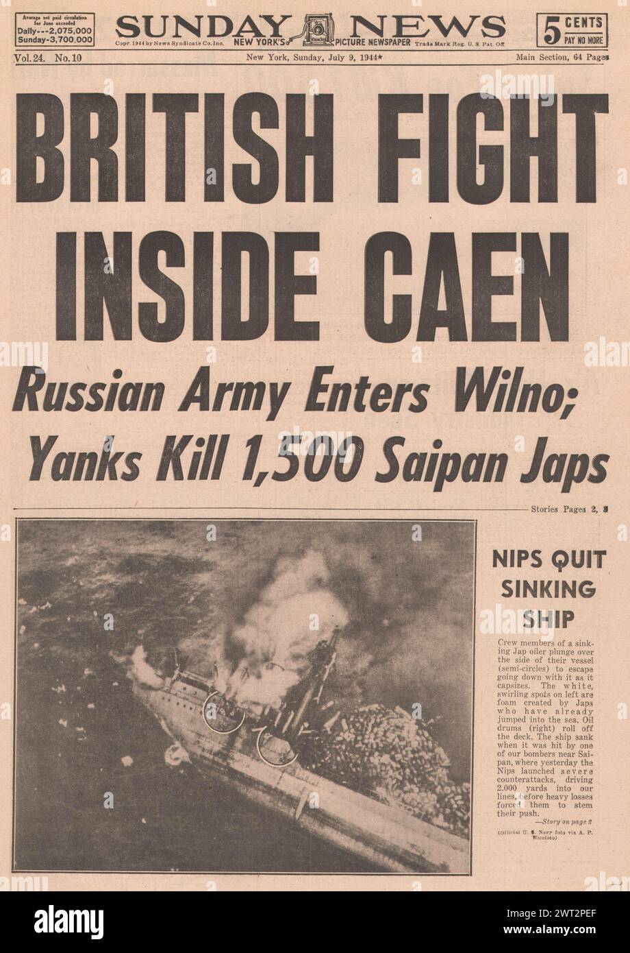 1944 Sunday News front page reporting Red Army enter Vilna, German Army ...