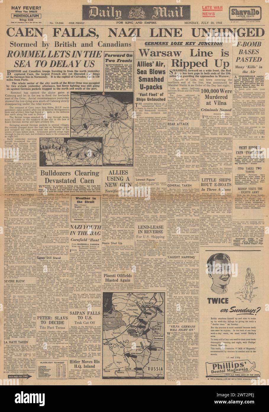 1944 Daily Mail front page reporting Red Army capture Lida and Battle ...