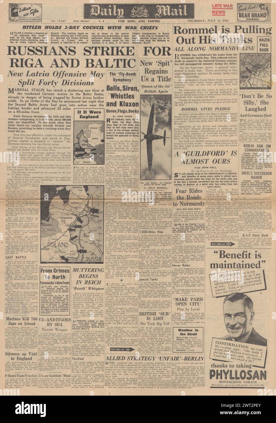 1944 Daily Mail front page reporting Red Army advance on Riga, German ...
