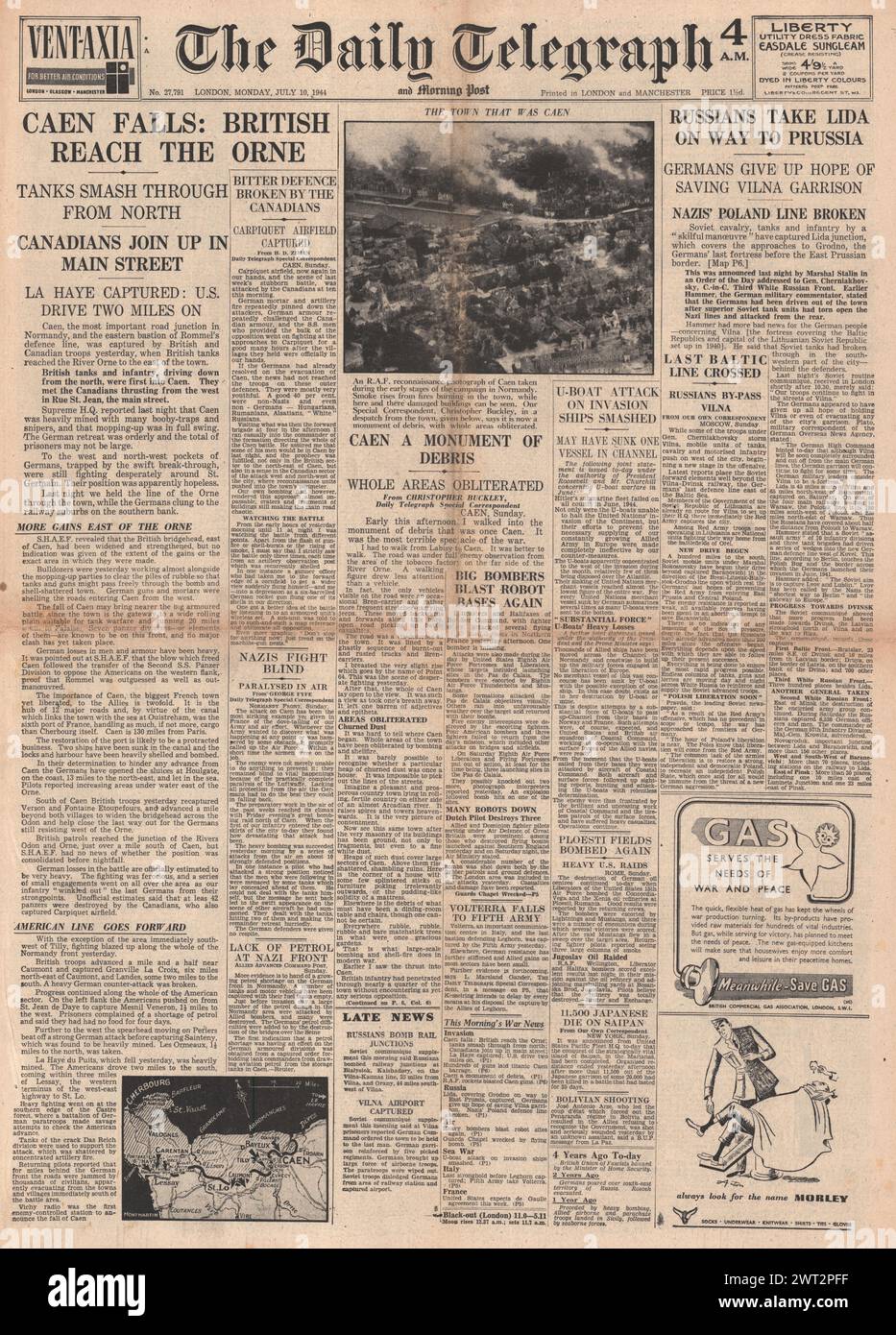 1944 The Daily Telegraph front page reporting Allies capture Caen and ...