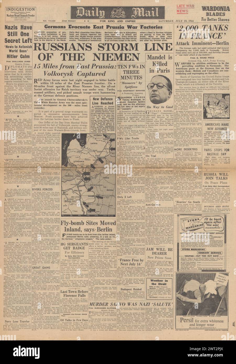 1944 Daily Mail front page reporting Red Army capture Volkovysk ...