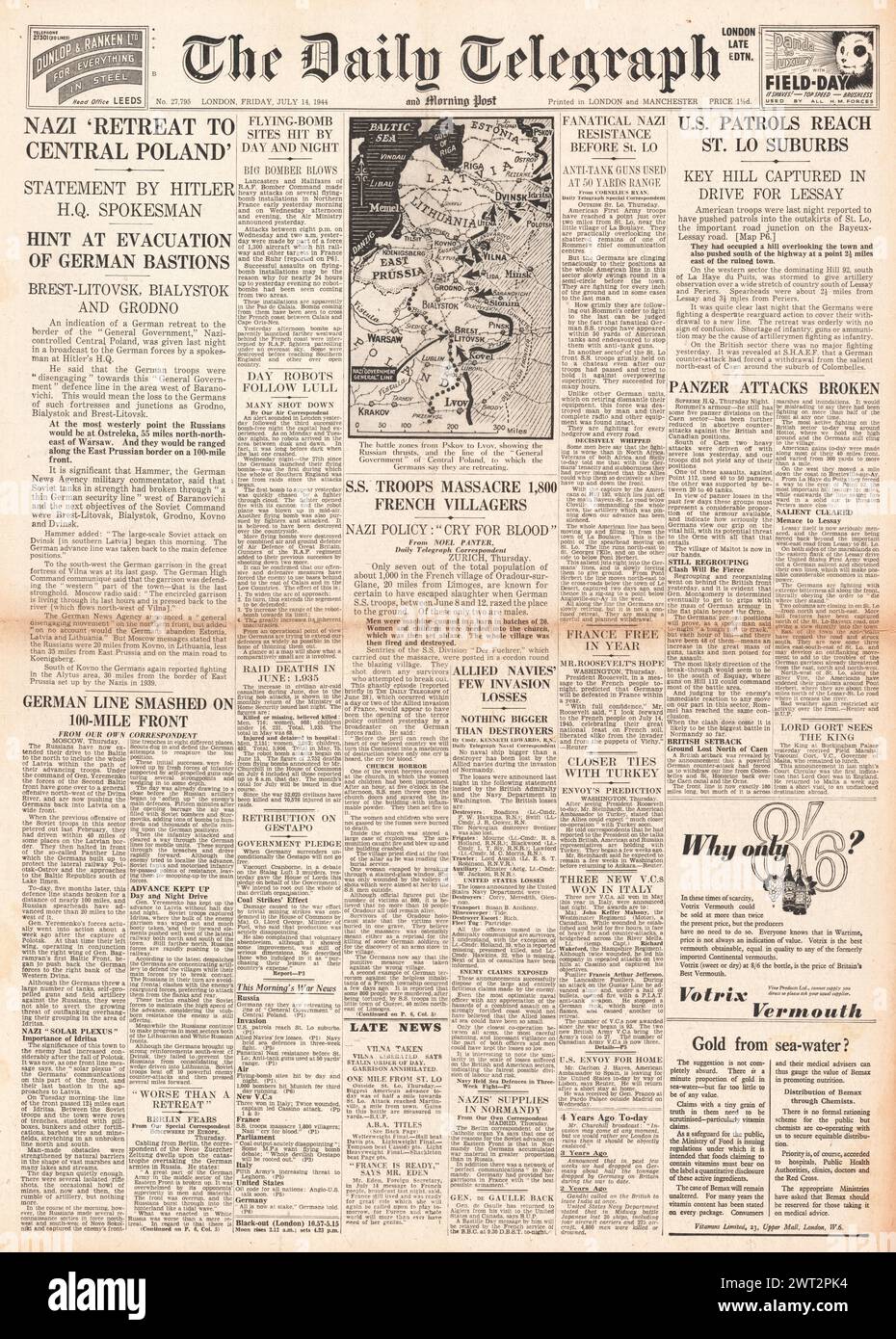 1944 The Daily Telegraph front page reporting US forces reach St Lo ...