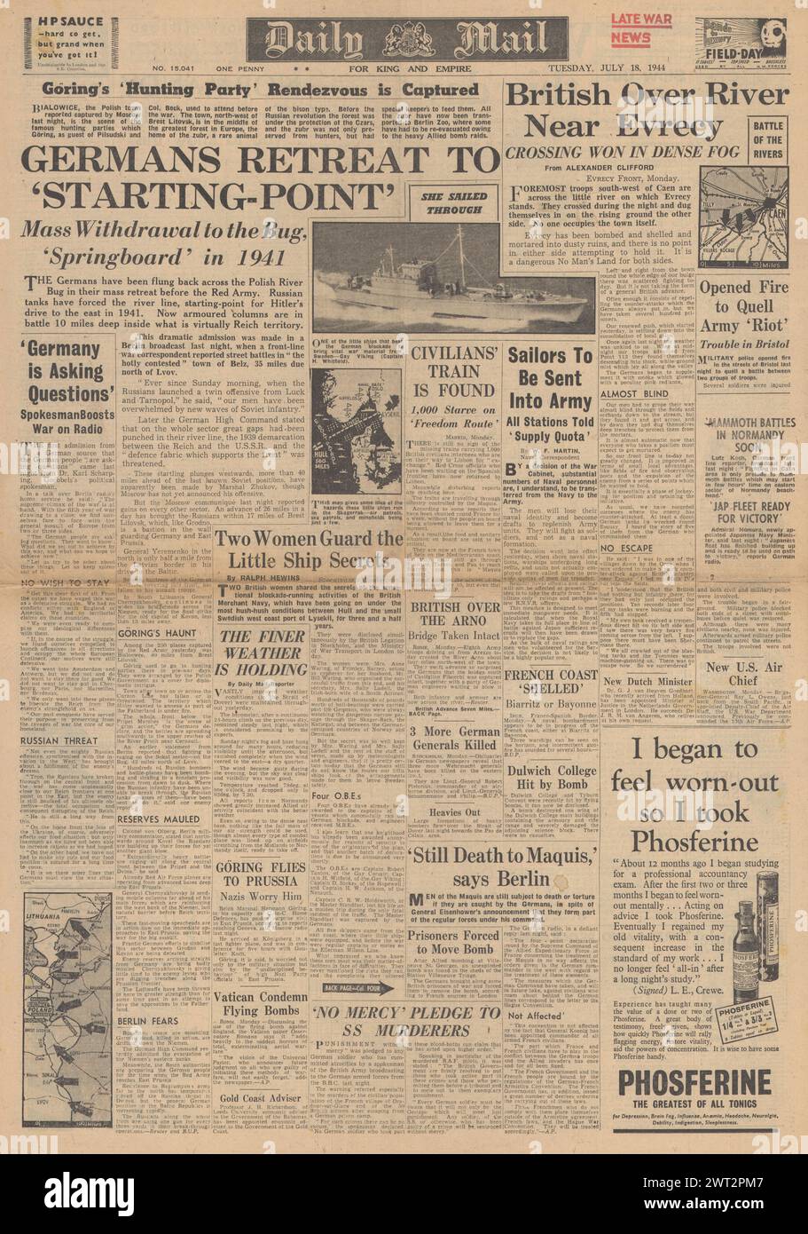 1944 Daily Mail front page reporting British Army advance at Evrecy and ...
