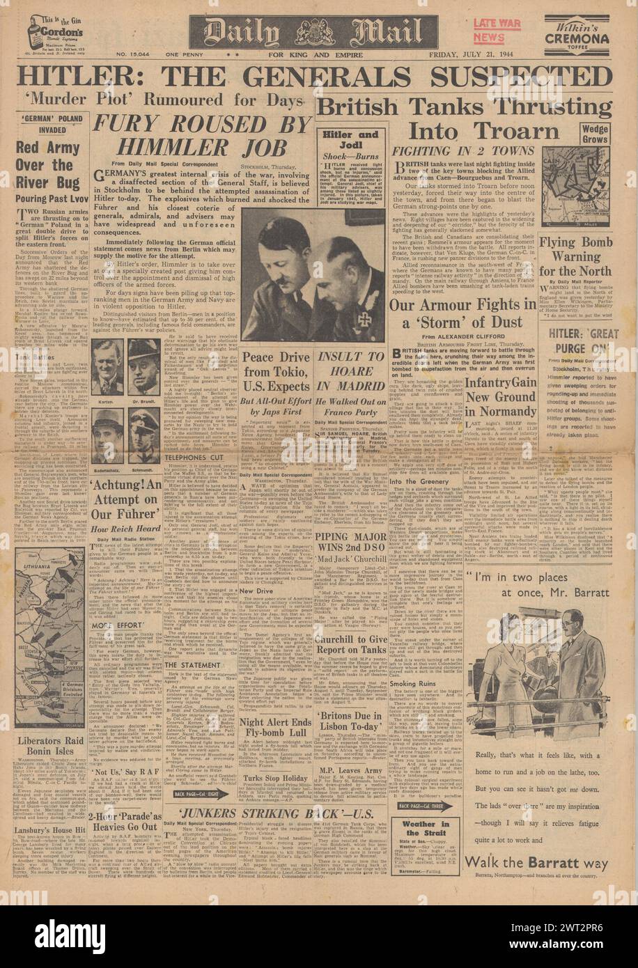 1944 Daily Mail front page reporting Assassination attempt on Hitler ...