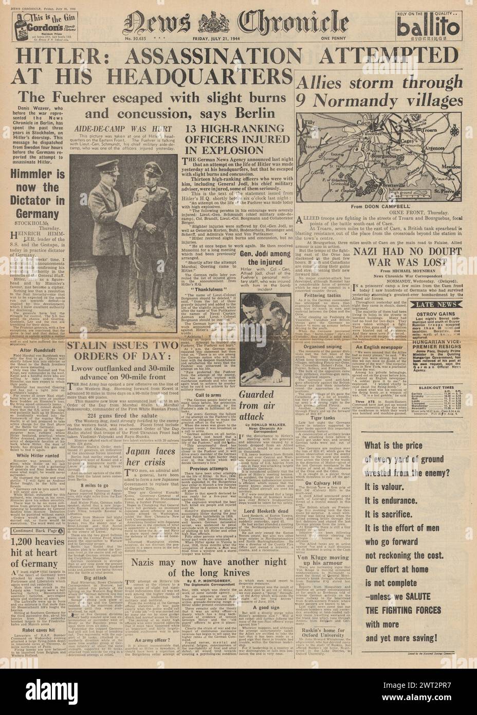 1944 News Chronicle front page reporting Assassination attempt on Hitler and Allies advance in ...
