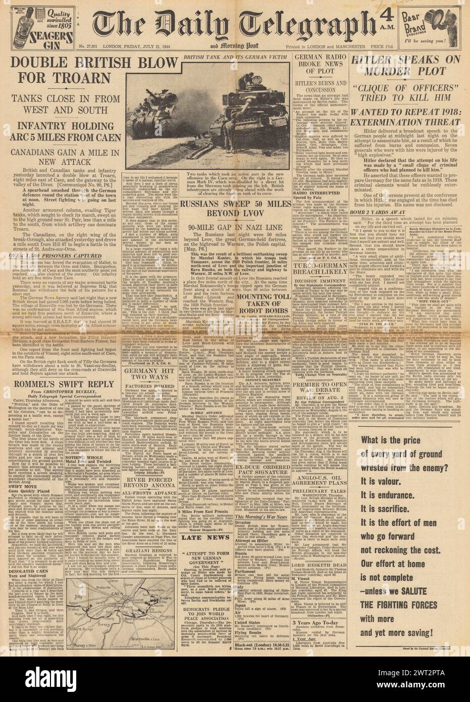 1944 The Daily Telegraph front page reporting Assassination attempt on ...