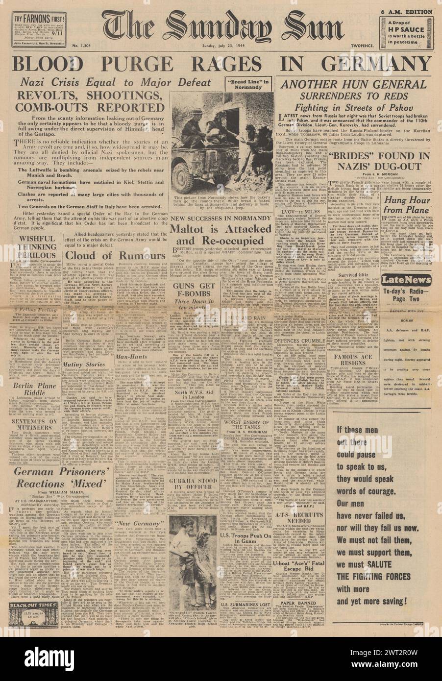 1944 The Sunday Sun front page reporting British troops reoccupy Maltot ...