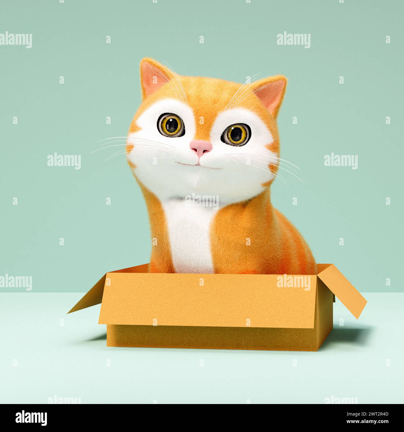 Happy cat sitting into box. 3d cartoon character Stock Photo - Alamy