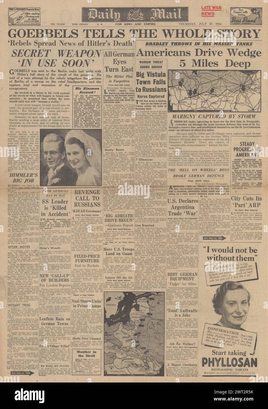1944 Daily Mail front page reporting Battle for Normandy, US forces ...