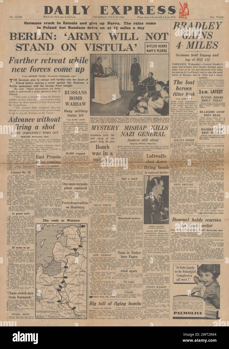 1944 Daily Express front page reporting Red Army advance on Warsaw and ...