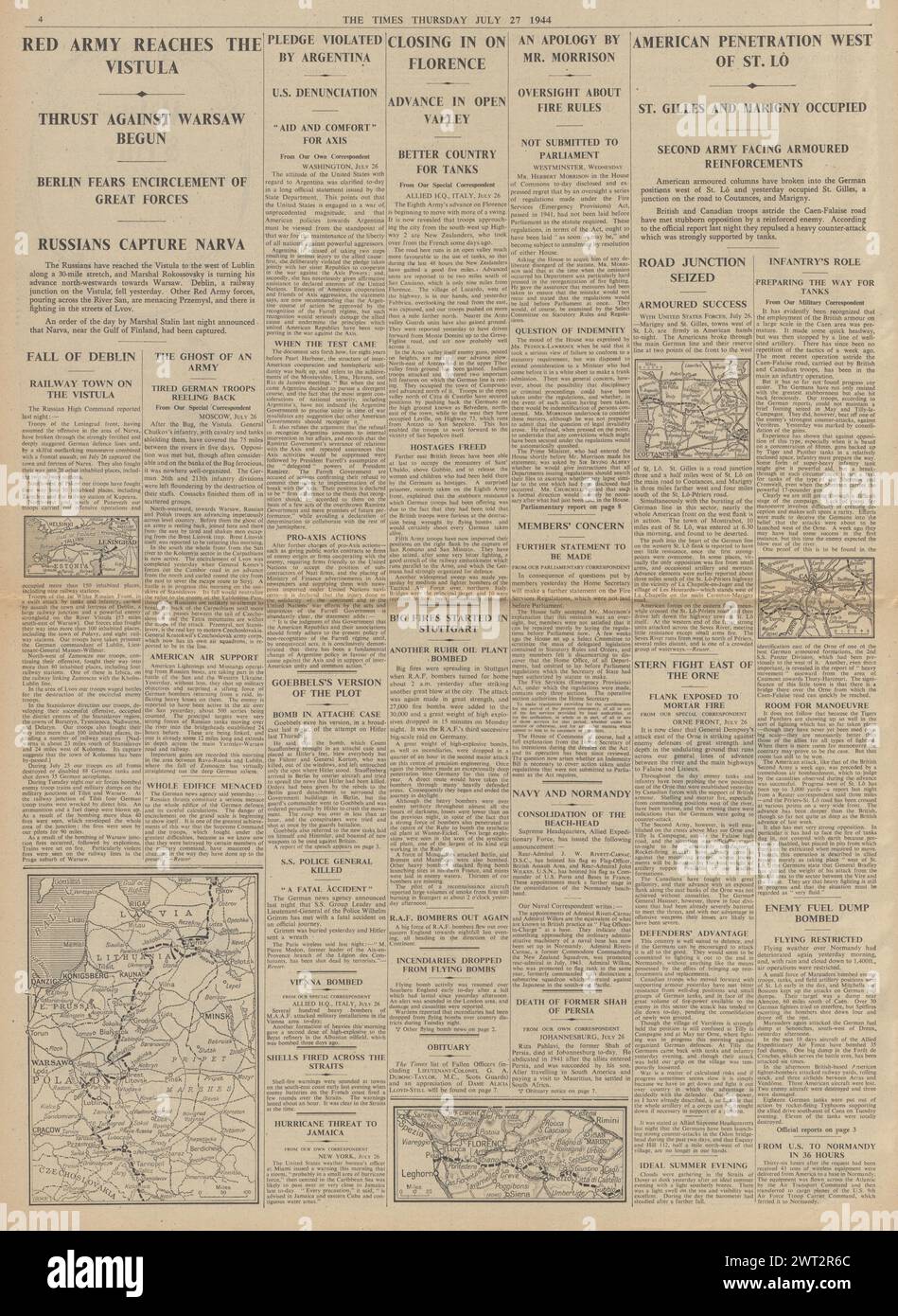 1944 The Times reporting Battle for Normandy, Red Army capture Narva ...
