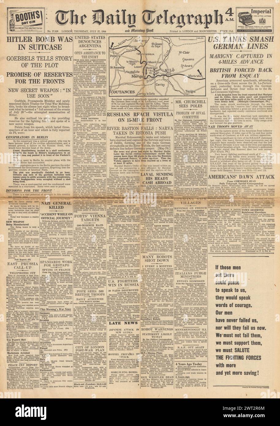 1944 The Daily Telegraph front page reporting Battle for Normandy, US ...