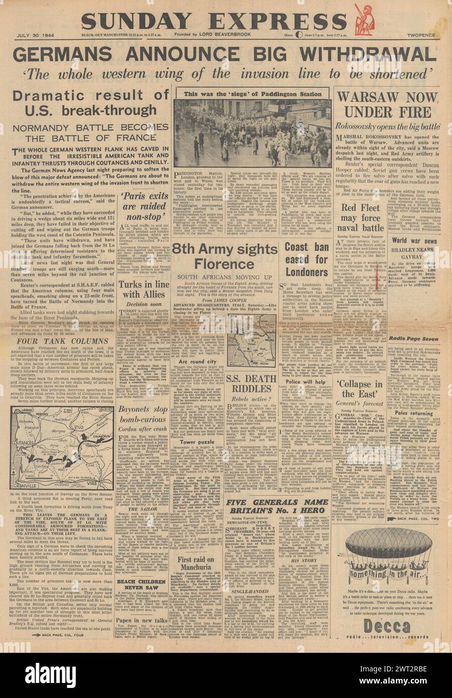 1944 Sunday Express front page reporting Germans retreat in Normandy ...