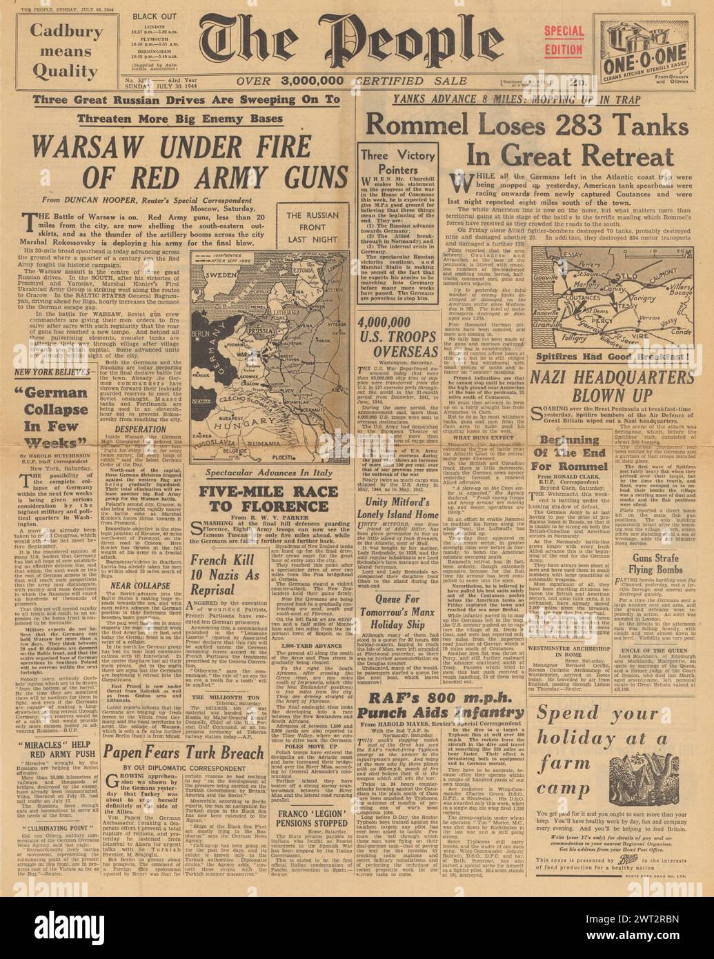 1944 The People front page reporting Germans retreat in Normandy, Red ...