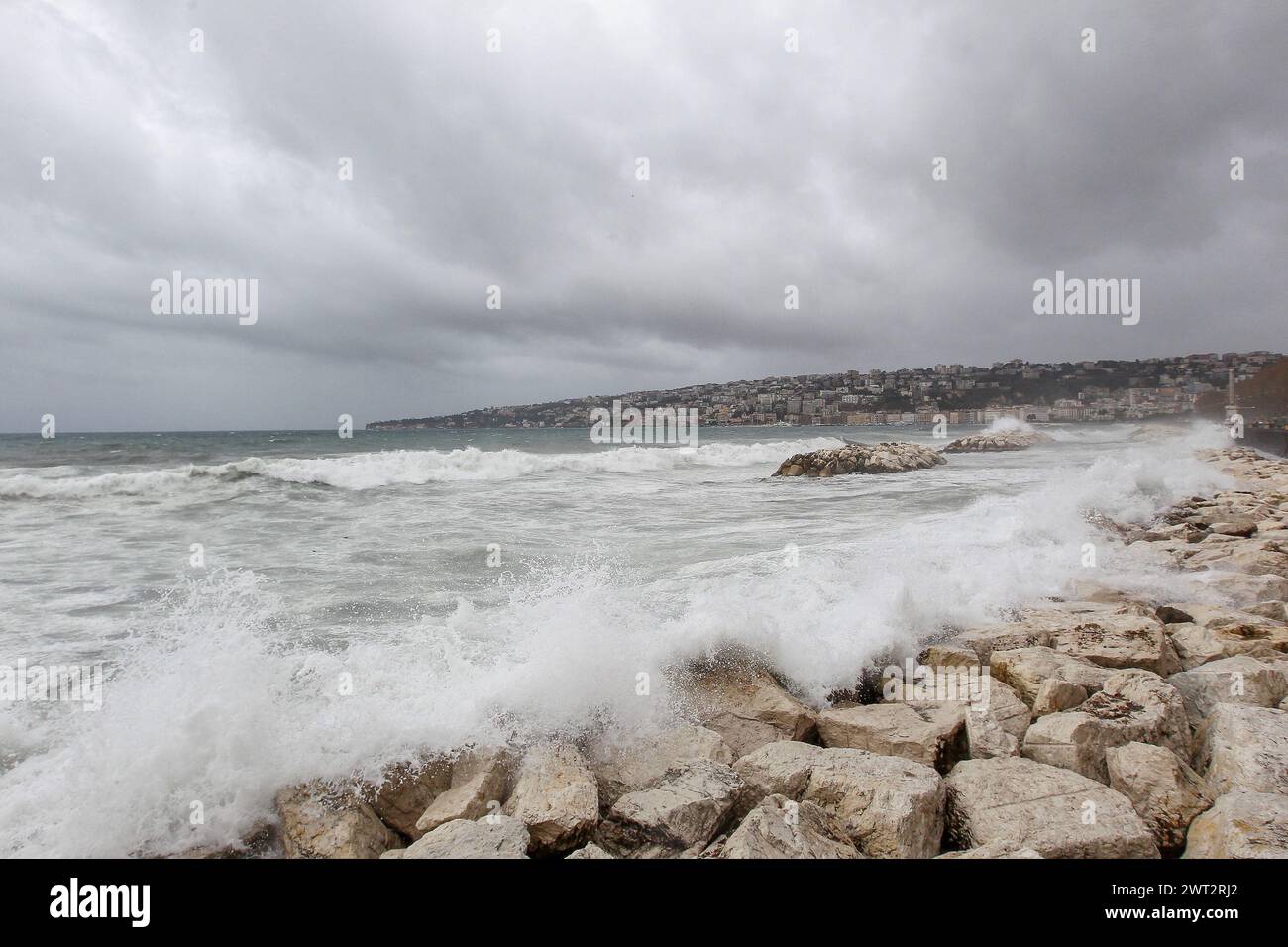 Bad weather and sea storm in the bay of Naples. In the background the ...