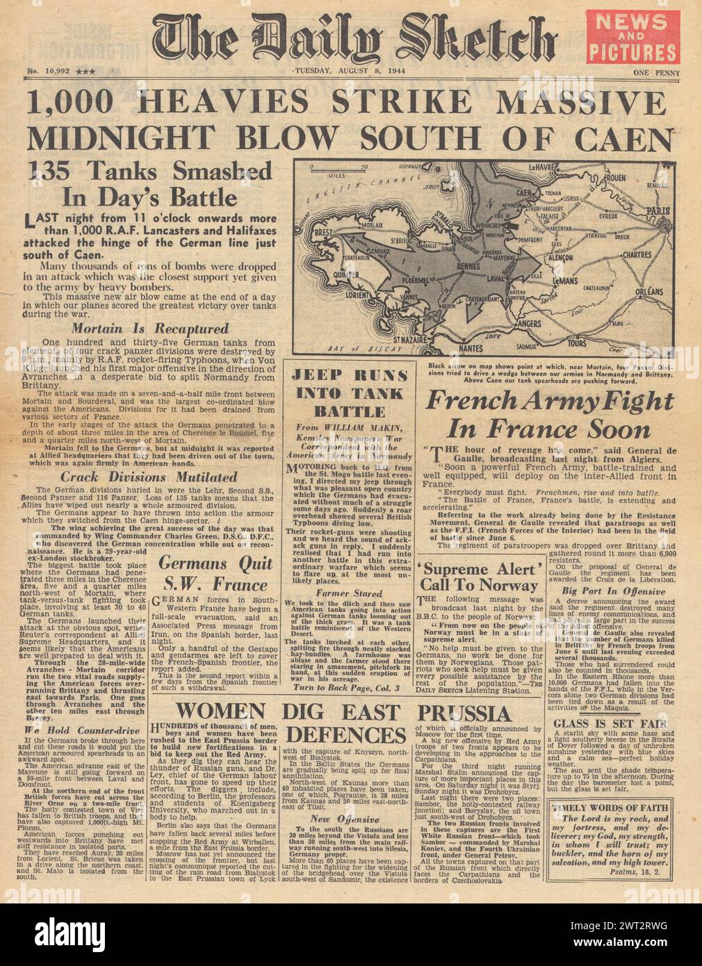 1944 The Daily Sketch front page reporting RAF bomb German front line ...