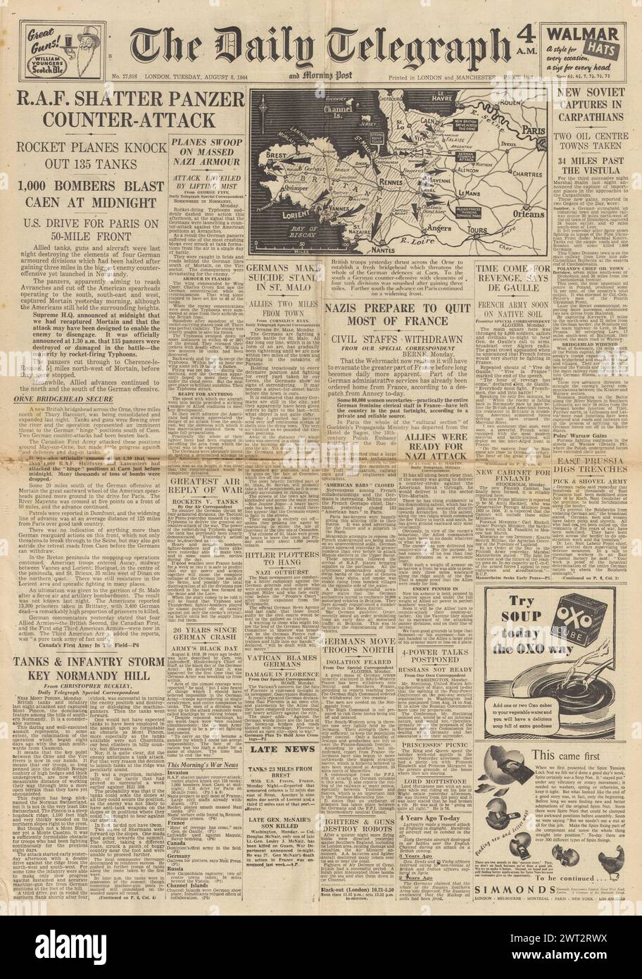 1944 The Daily Telegraph front page reporting RAF bomb German front ...