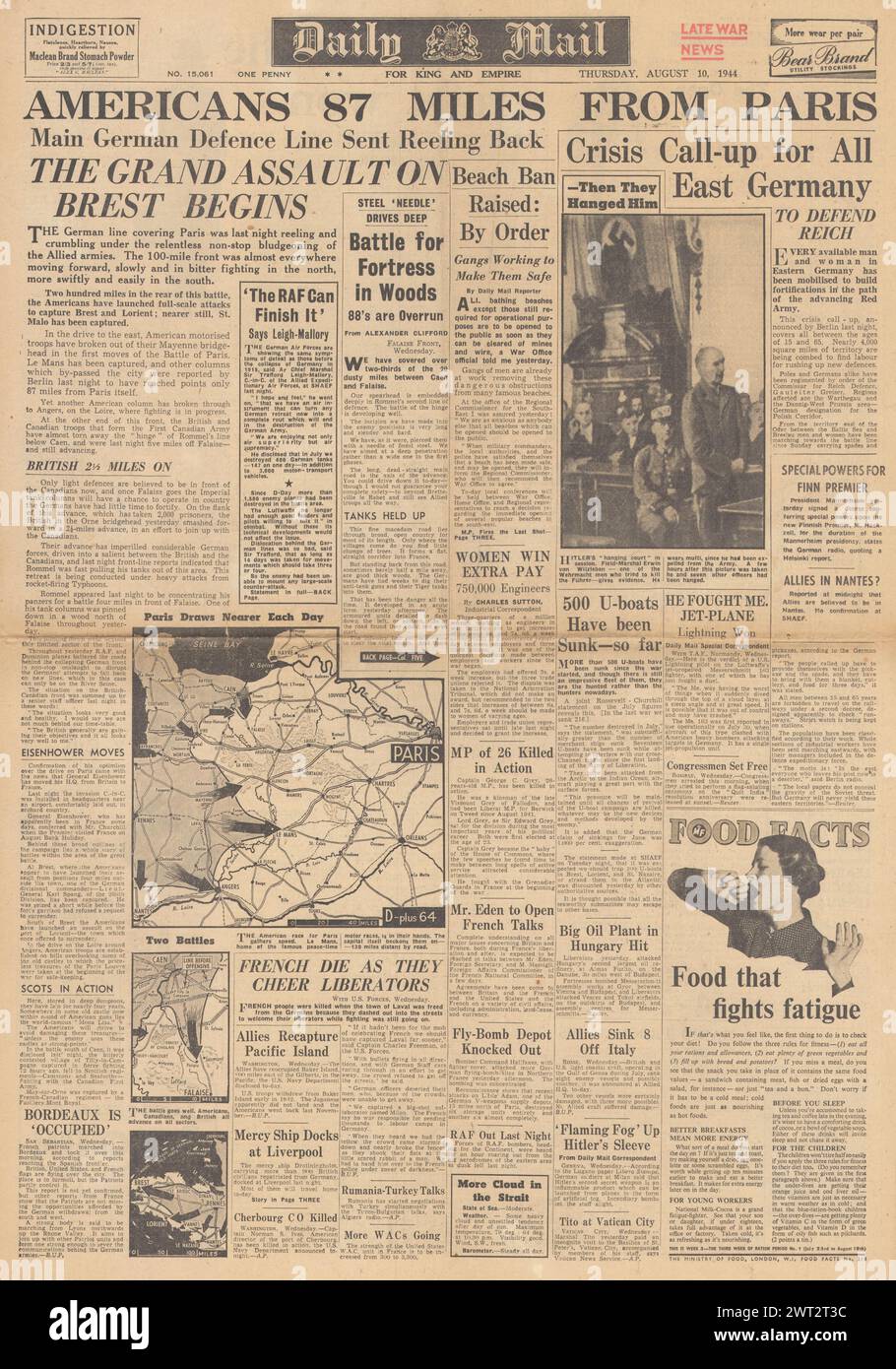 1944 Daily Mail front page reporting US Forces advance on Paris, 20th ...