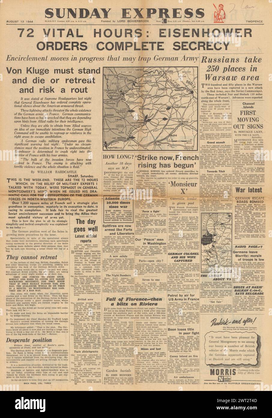 1944 Sunday Express front page reporting German forces face Normandy ...