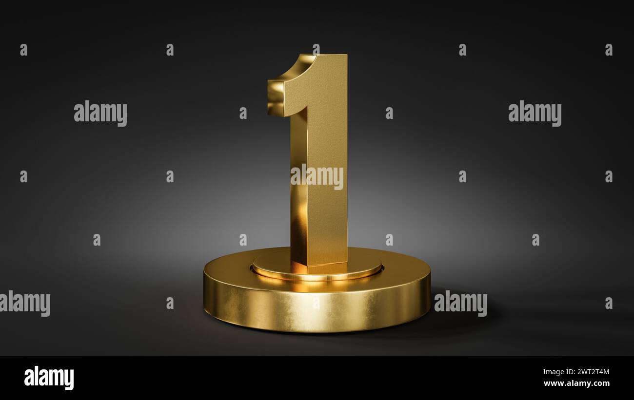 The number 1 on a pedestal / podium in golden color in front of dark ...