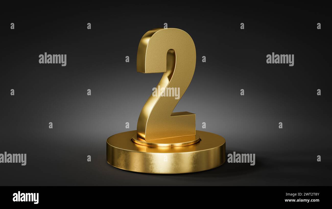 The number 2 on a pedestal / podium in golden color in front of dark ...