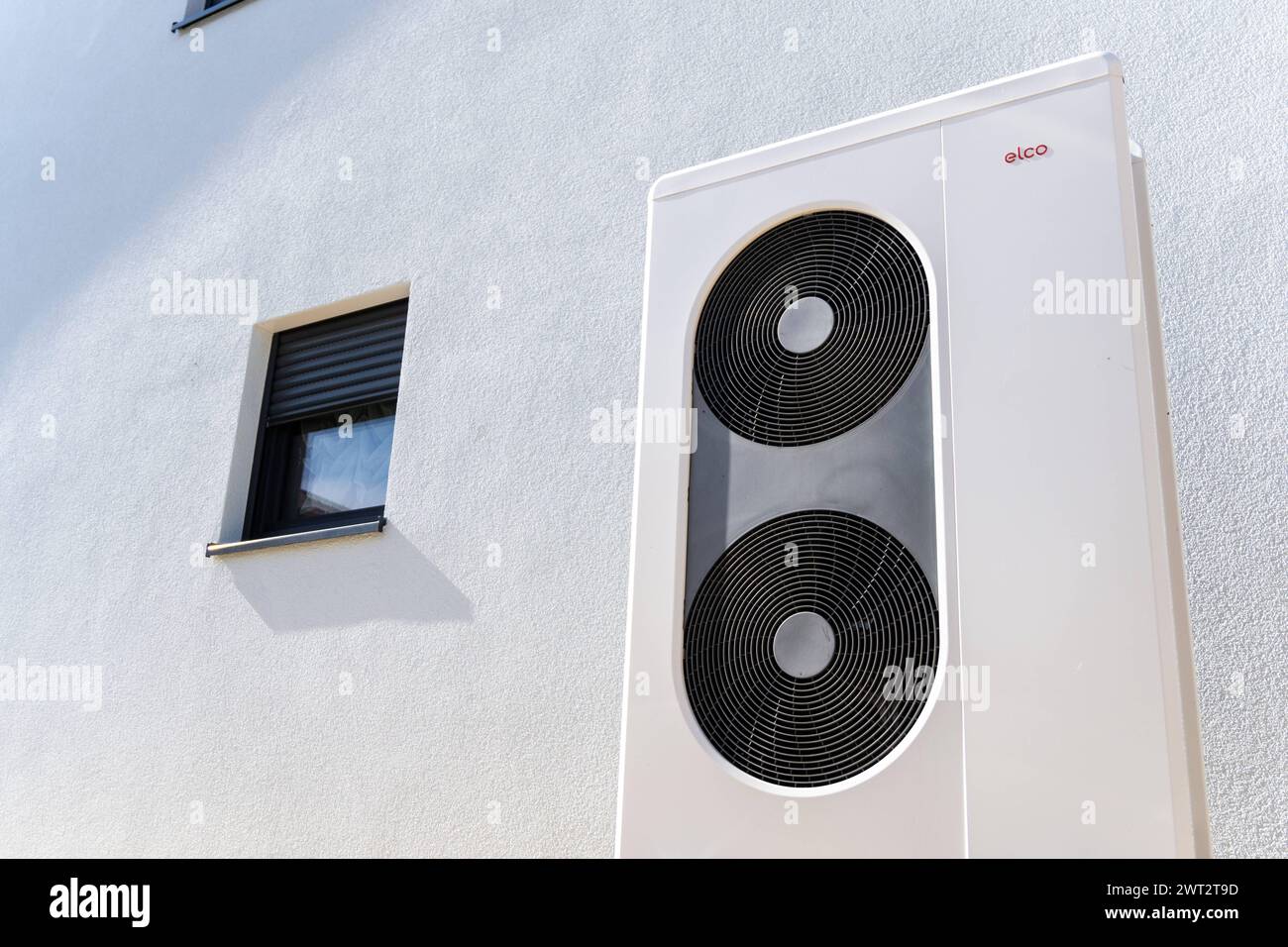 Bavaria, Germany - March 15, 2024: Electric heat pump as heating for a ...