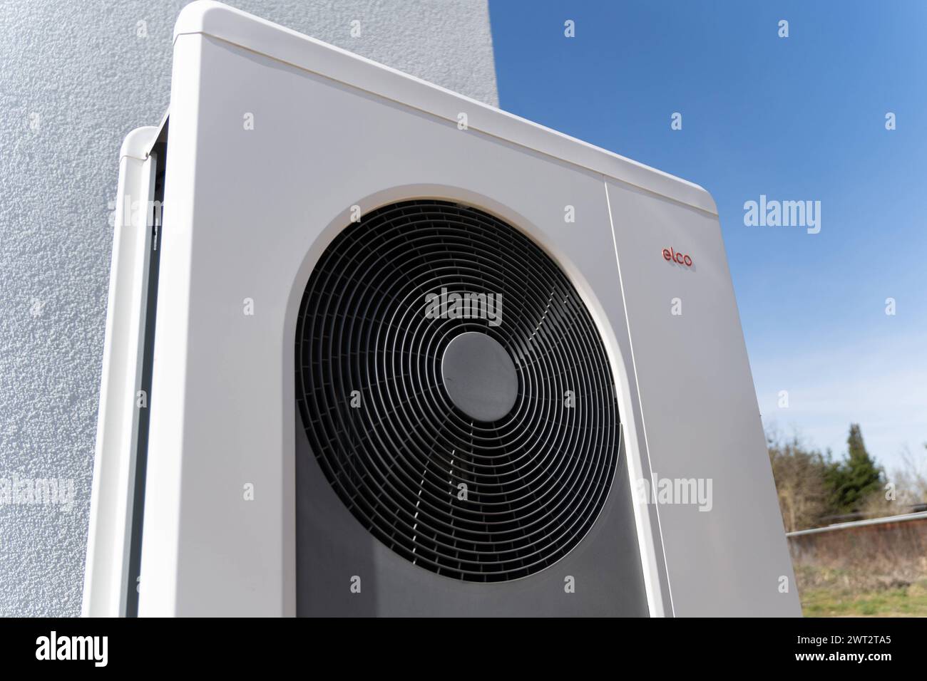 Bavaria, Germany - March 15, 2024: Electric heat pump as heating for a ...