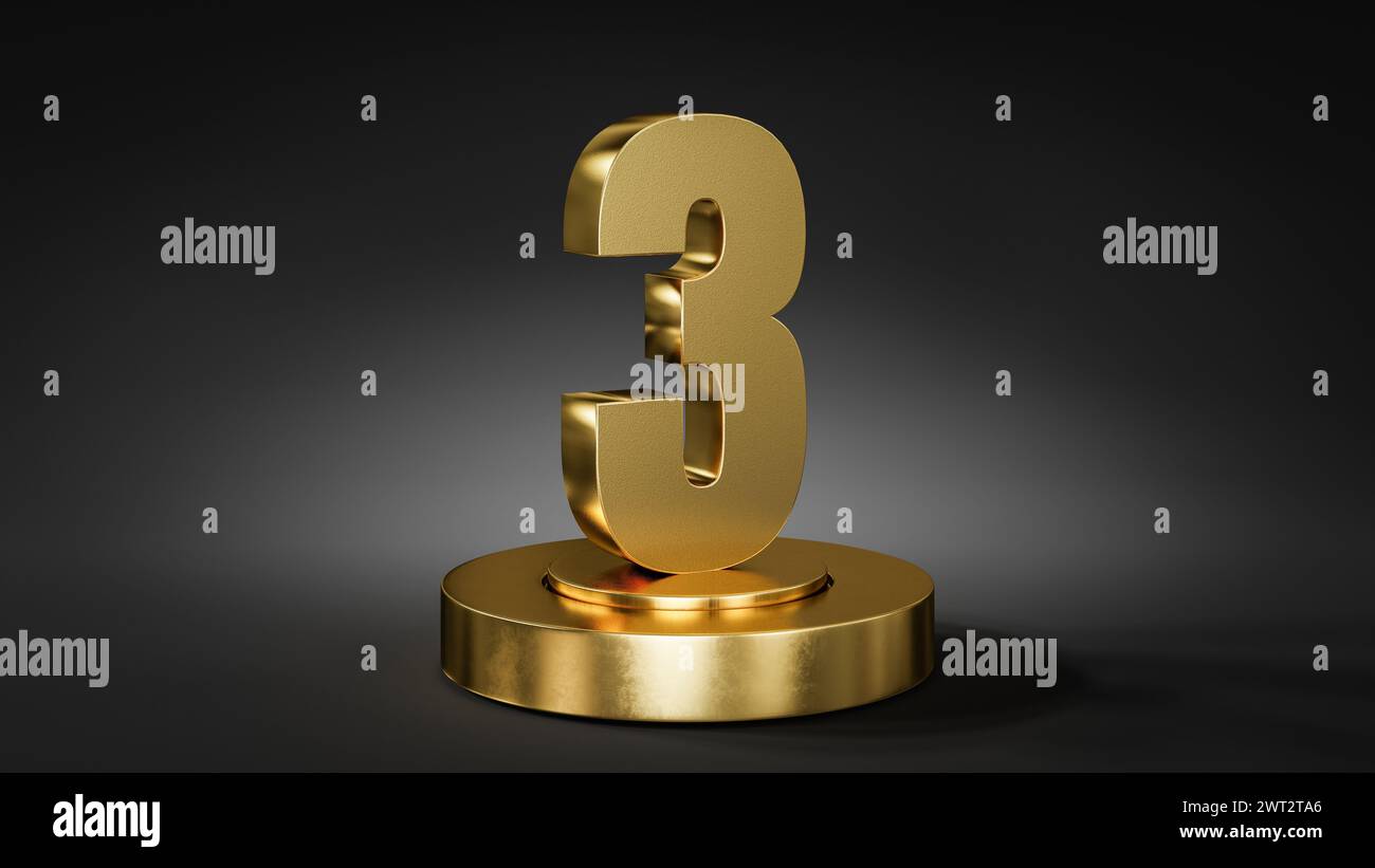 The number 3 on a pedestal / podium in golden color in front of dark ...