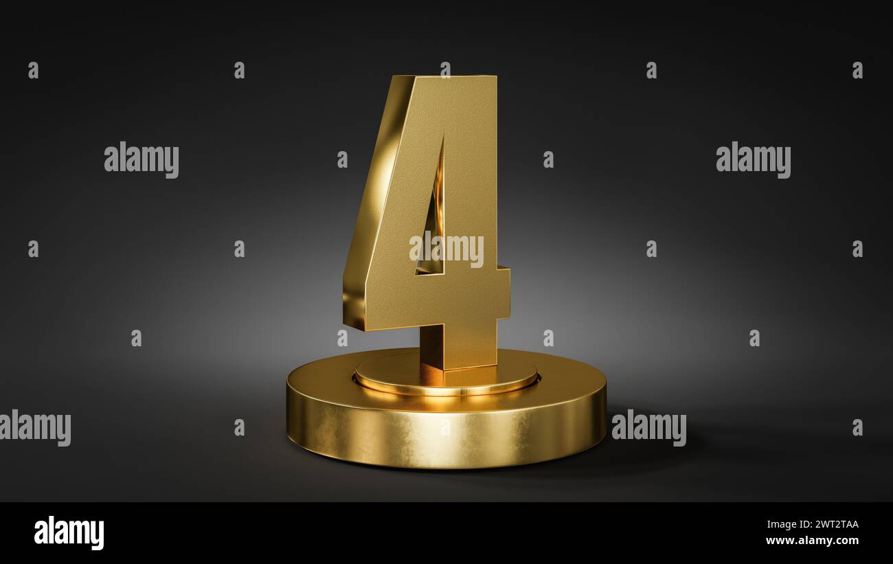 The number 4 on a pedestal / podium in golden color in front of dark ...