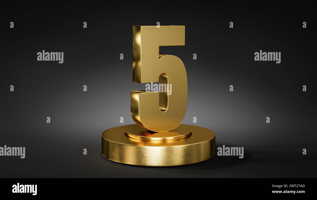 The number 5 on a pedestal / podium in golden color in front of dark ...