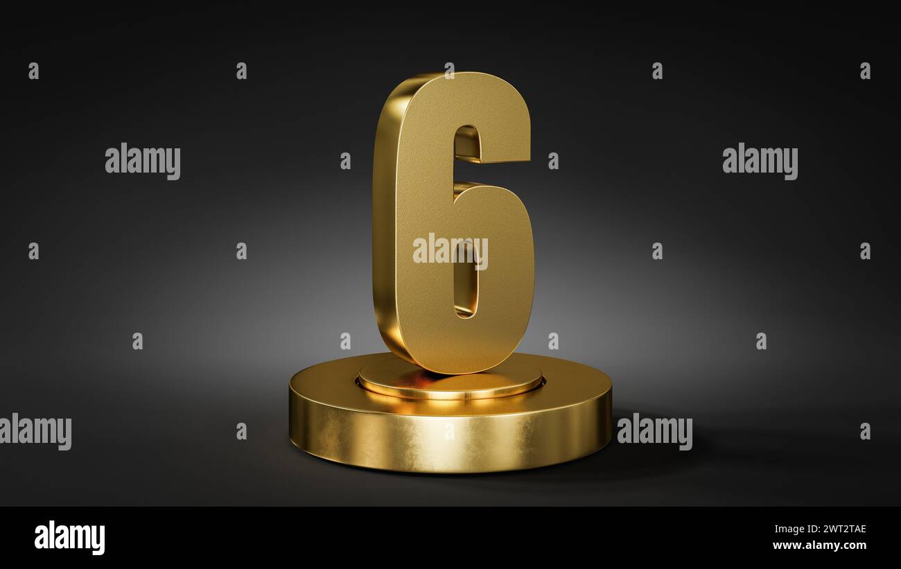 The number 6 on a pedestal / podium in golden color in front of dark ...