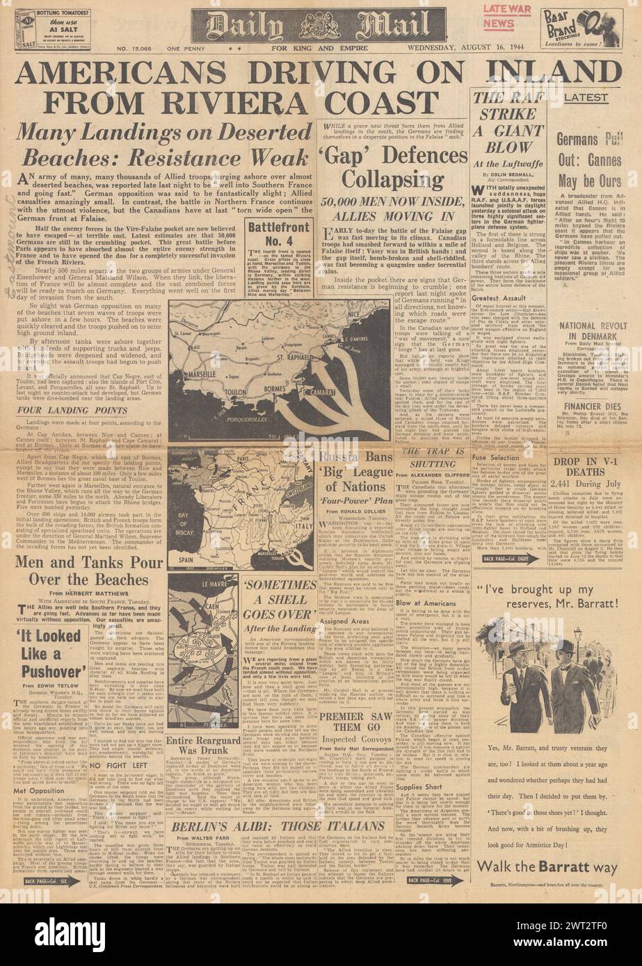 1944 Daily Mail front page reporting Allies invade Southern France ...