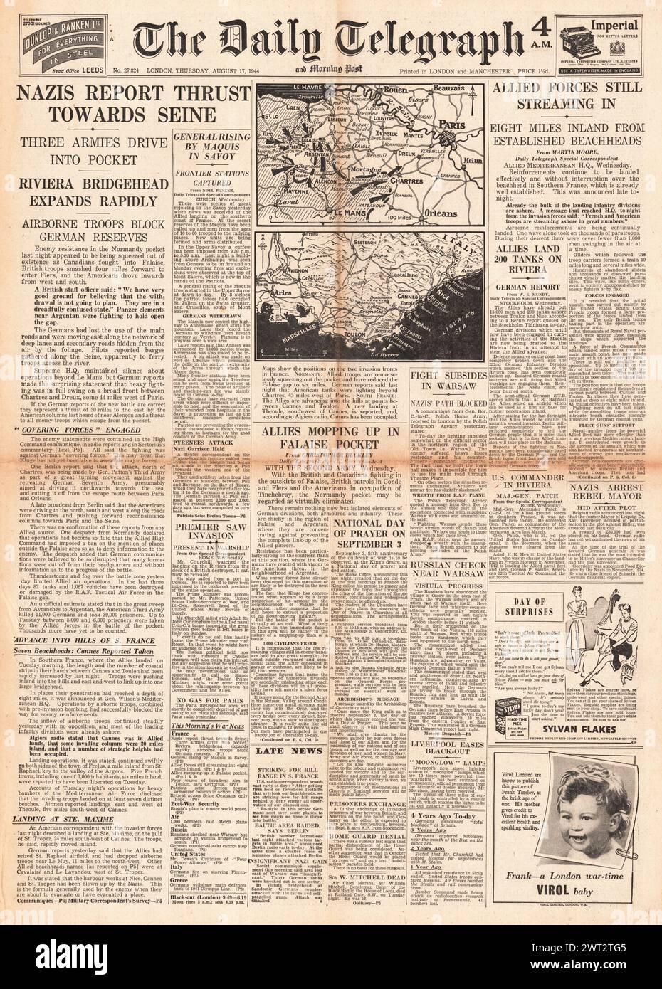 1944 The Daily Telegraph front page reporting Allies invade Southern ...