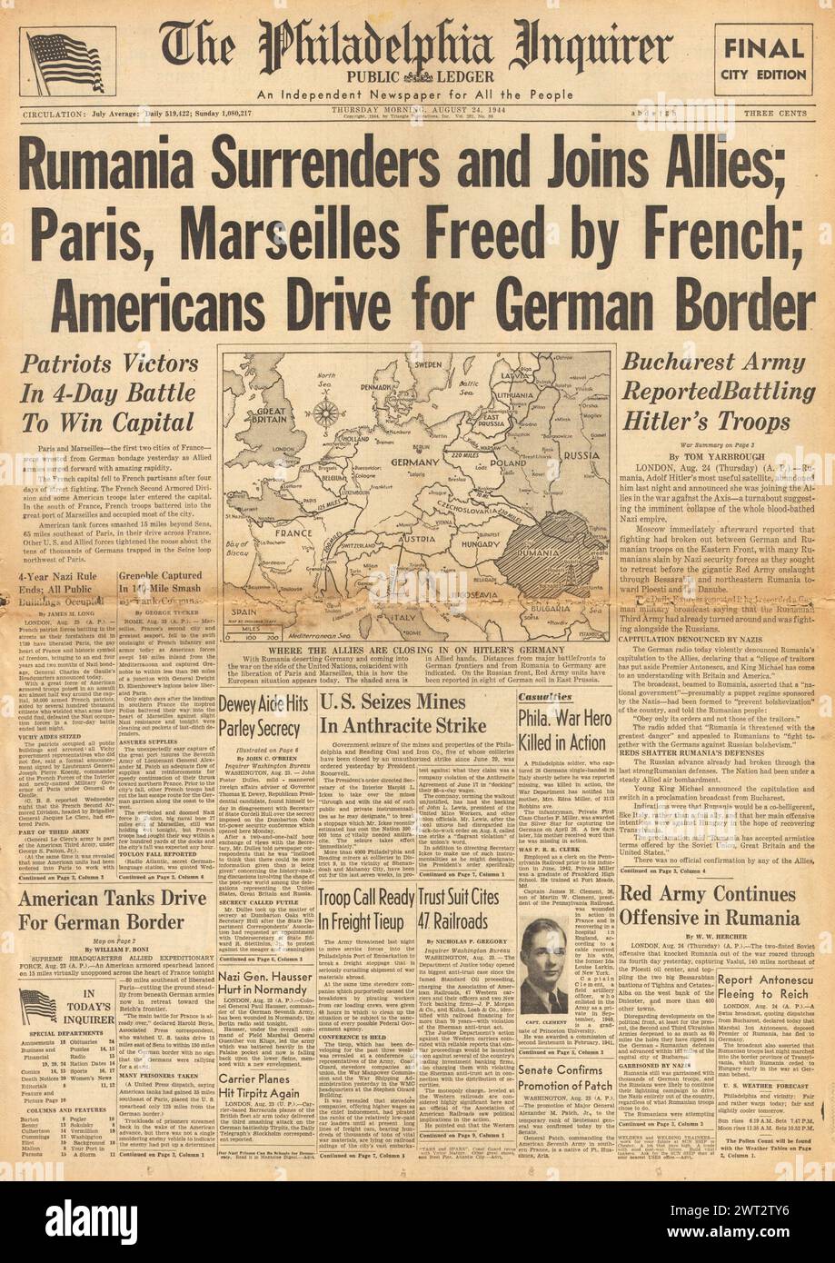 1944 The Philadelphia Inquirer front page reporting Romania surrender ...