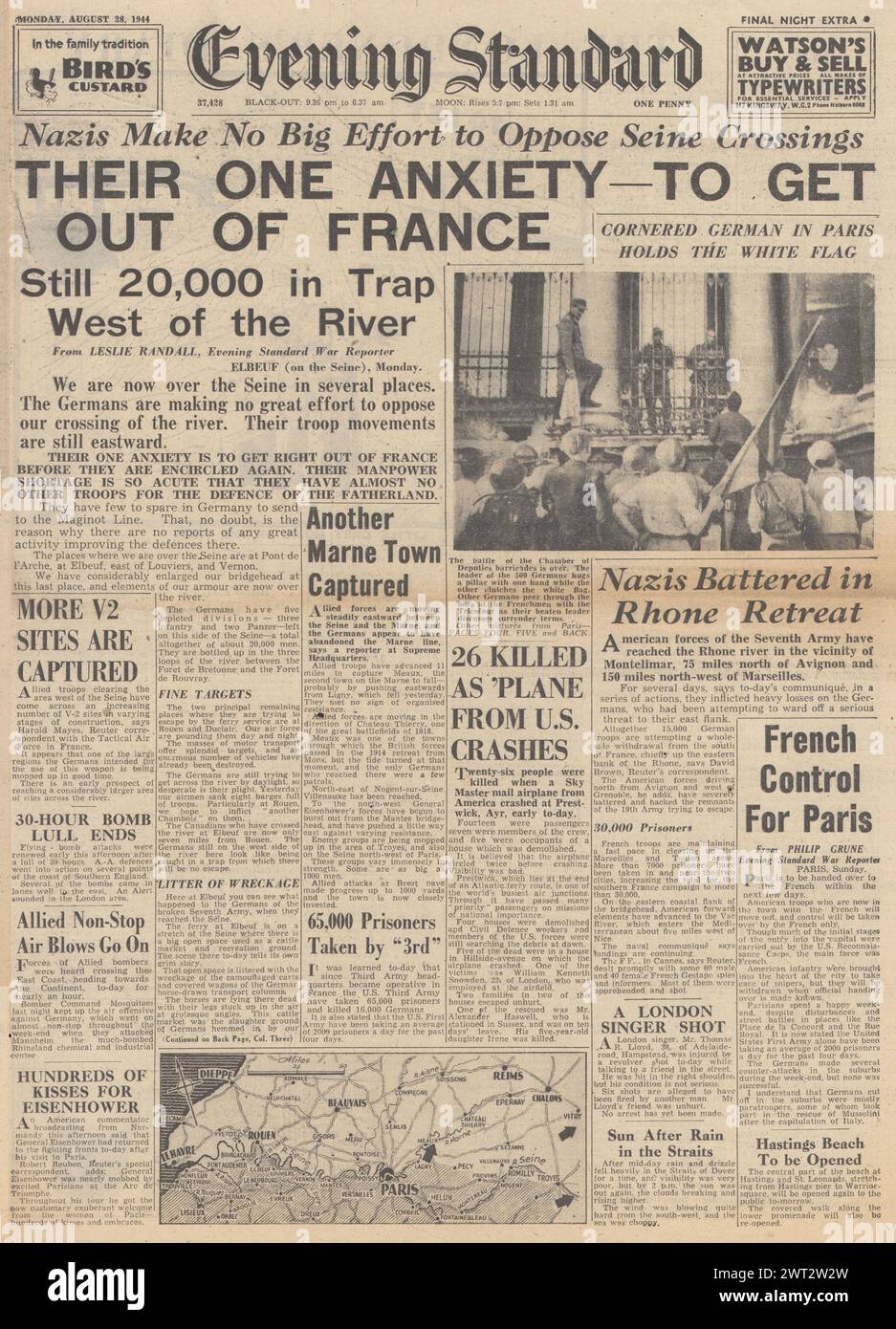 1944 Evening Standard front page reporting German Army retreats in ...