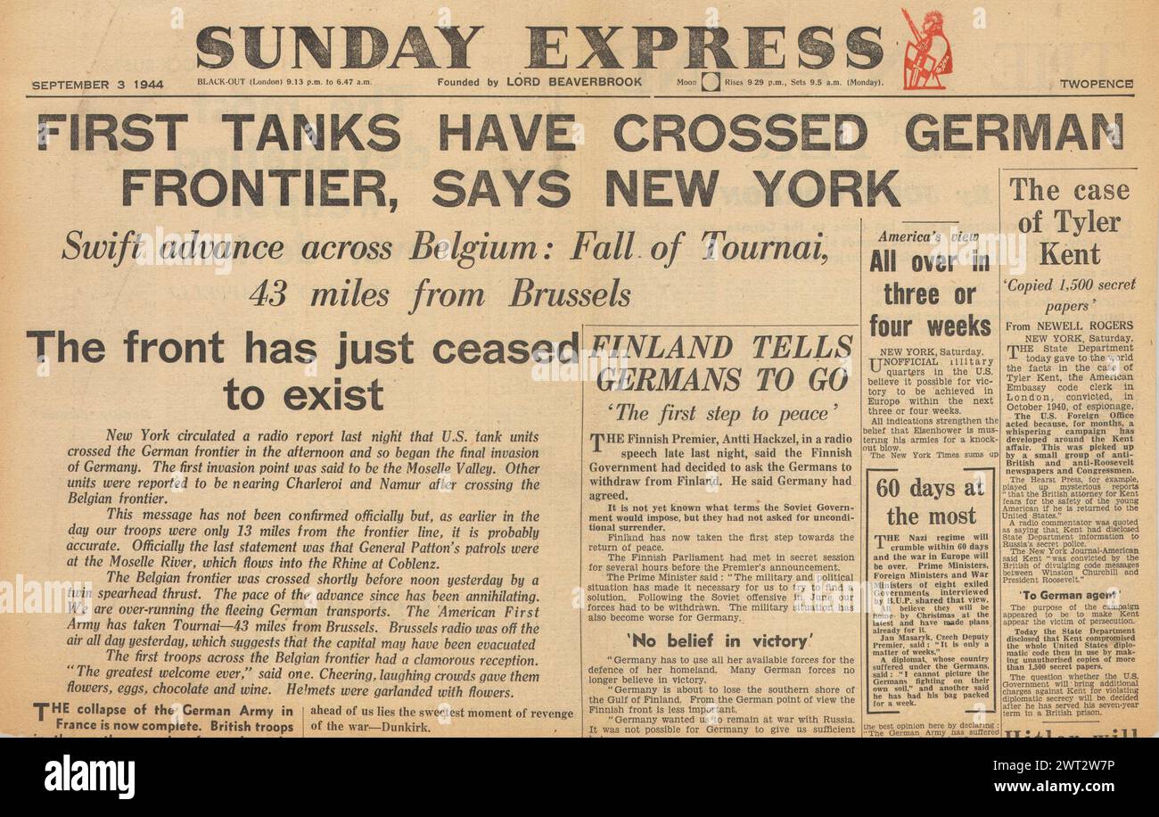 1944 Sunday Express front page reporting Allies capture Tournai and ...