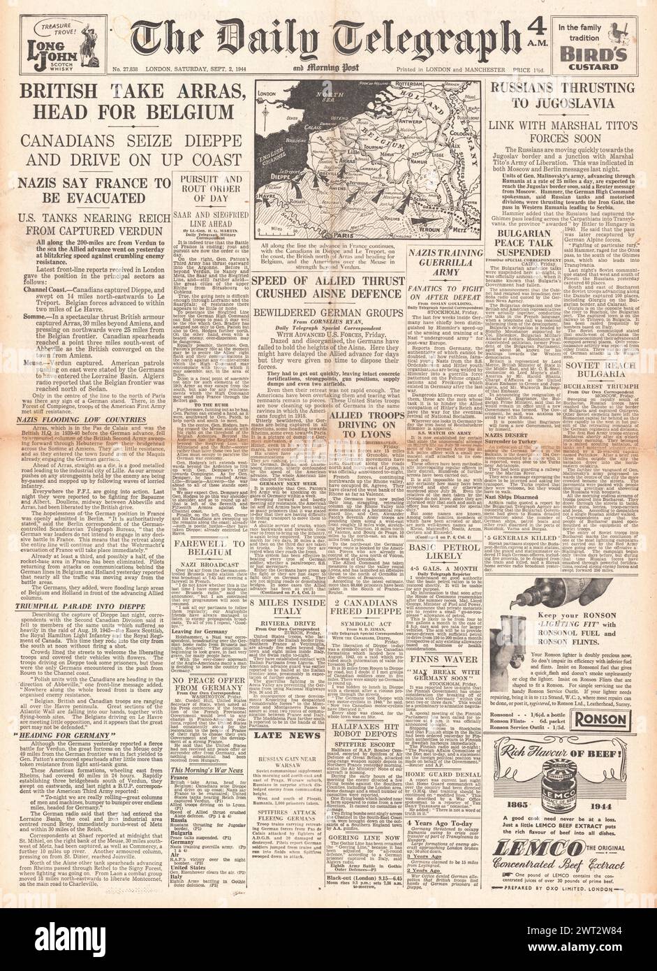 1944 Daily Telegraph front page reporting British capture Arras, Red ...