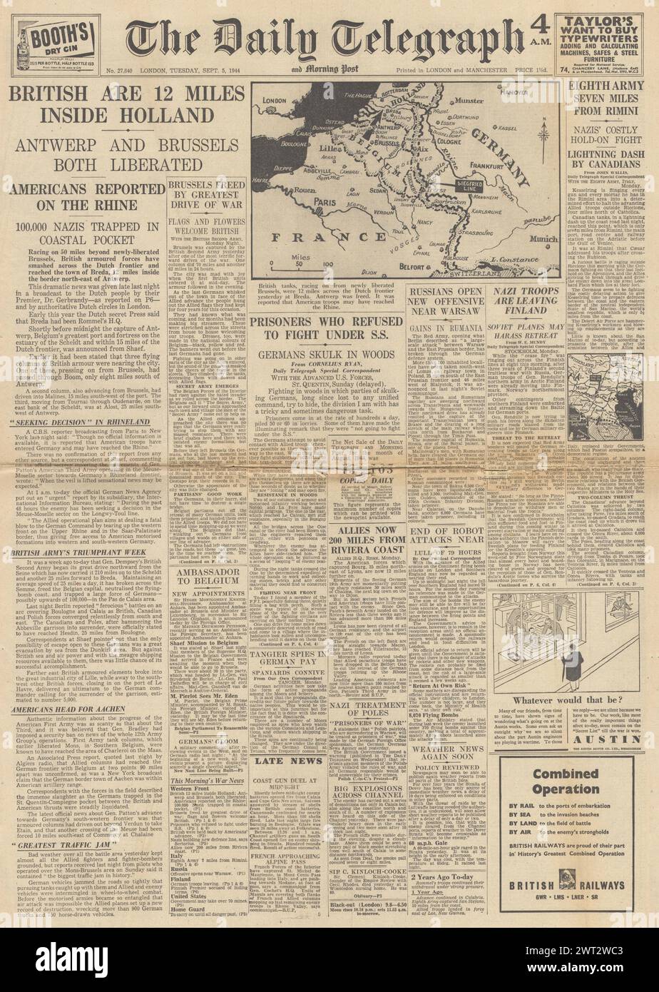 1944 The Daily Telegraph Front Page Reporting Allies Advance Into